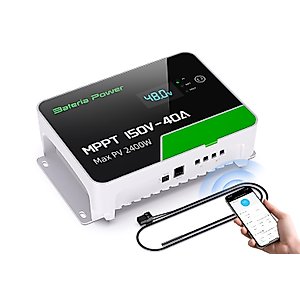 40A MPPT Solar Charge Controller 48V/36V/24V/12V, Bateria Power Max PV 2400W 150Voc Built-in BT Module with Remote APP Control for LiFePO4, SLD, AGM, FLD, Gel Battery, Negative Ground (SunRock 40S)