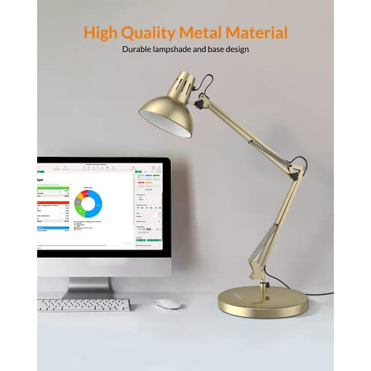 LEPOWER Metal Desk Lamp, Adjustable Goose Neck Architect Table Lamp with On/Off Switch, Swing Arm Desk Lamp with Clamp, Eye-Caring Reading Lamp for Bedroom, Study Room &Office (Brass)