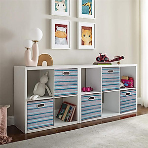 HSDT 13 inch Collapsible Storage Cubes Bins Teal Stripes Fabric Storage Boxes Foldable Cube Inserts Storage Grey Printed Folding Cloth Storage Baskets Drawer Organizer ,QY-SC05-6