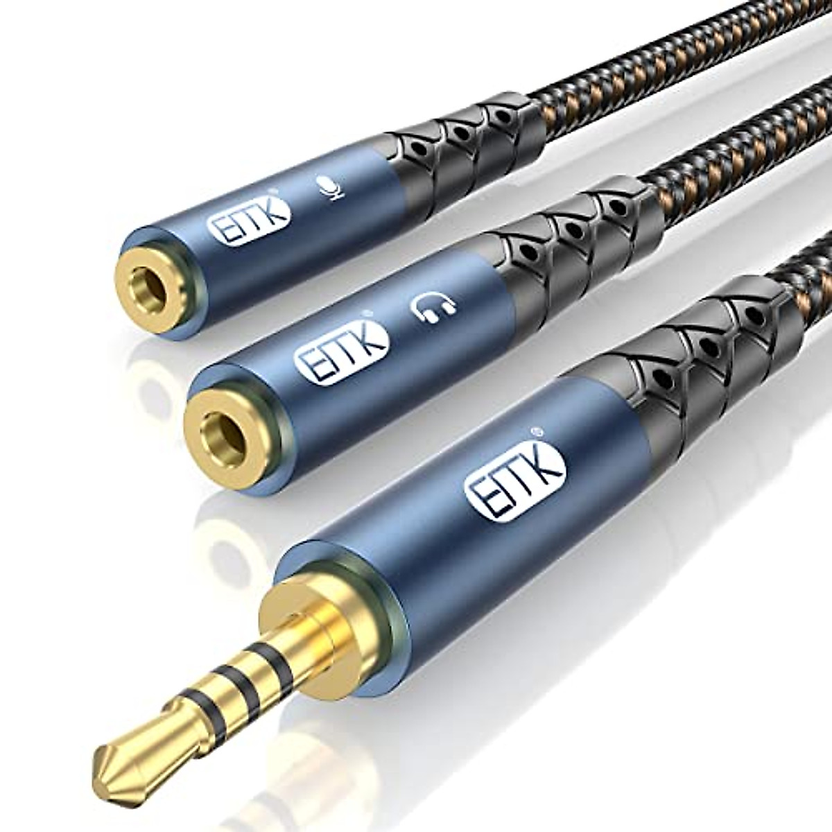 EMK Headphone Splitter 3.5mm TRRS Stereo Audio Y Splitter Extension Cable Nylon-Braided 4-Pole Male to 2Female Dual Headphone Jack Adapter for Phone, PS4, Switch, Tablet, Laptop (12inch/30cm)