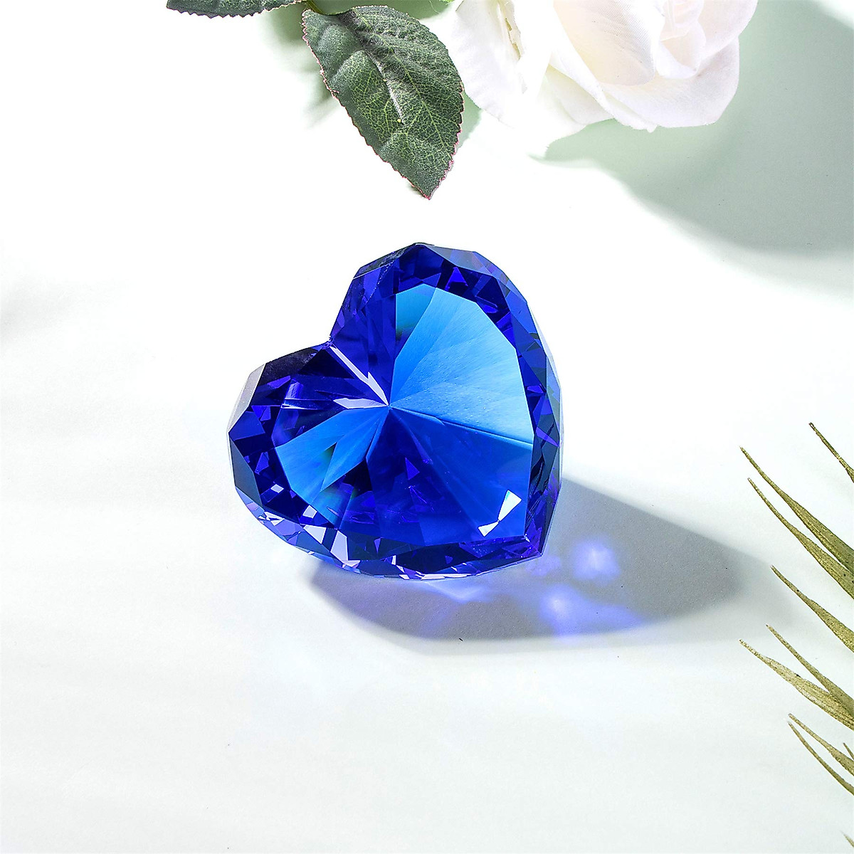 Blue Crystal Diamonds Paper Weights, Heart Shape Real Diamond Glass Gems Paperweight for Decoration, Big Diamonds Home Office Decor Valentine's Day Gift Wedding Favors with Gift Box 80mm