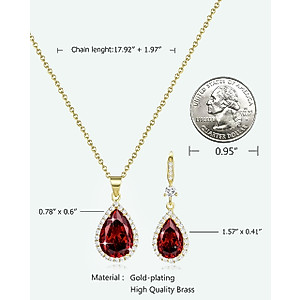 Women Jewelry Set Silver/Gold Plated Teardrop Pendant Necklace Dangle Drop Earrings Dangling Sets Birthstone Crystals Rhinestone,Birthday Anniversary Wedding Mother’s Day Gifts for Women Yellow Gold Plated Garnet