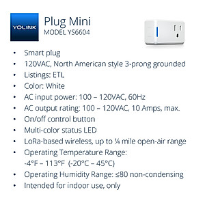 Smart Plug, LoRa enabled YoLink Plug Smart Home Mini Outlet Compatible with Alexa & Google Assistant, Remote Control Home Appliances from Anywhere, ETL Certified, YoLink Hub Required (Plug Mini)