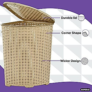 Superio Corner Laundry Hamper Basket With Lid 50 Liter, Beige Wicker Hamper - Durable, Lightweight Bin With Cutout Handles, Storage Dirty Cloths, Space Saver Curved Shape Design