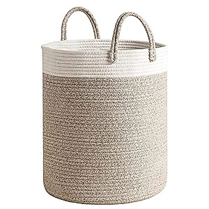 MXMHOME Large Laundry Hamper, 20" X 15" X 15" Tall Woven Rope Storage Basket for Blanket, Cotton Rope Basket Laundry Hamper for Clothes, Toys, Dirty Clothes, Soft Baby Hamper for Nursery, 58L, Brown