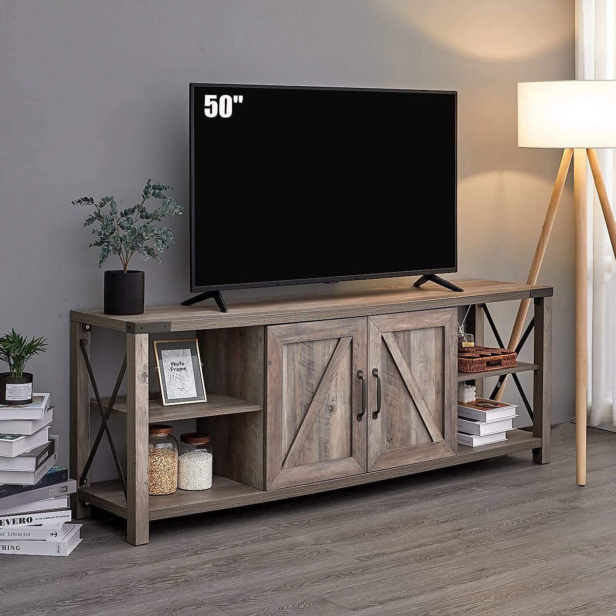 Newtour TV Stand Farmhouse Industrial Wood TV Console Entertainment Center for TV Up to 80 Inches Television Stands with Storage Cabinets and Adjustable Shelves, Rustic Wash Grey