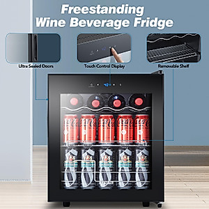 STAIGIS Beverage Refrigerator, 1.6 Cu.ft Mini Fridge w/ 45 Can Capacity, Small Beverage Cooler for Home - Freestanding, Glass Door