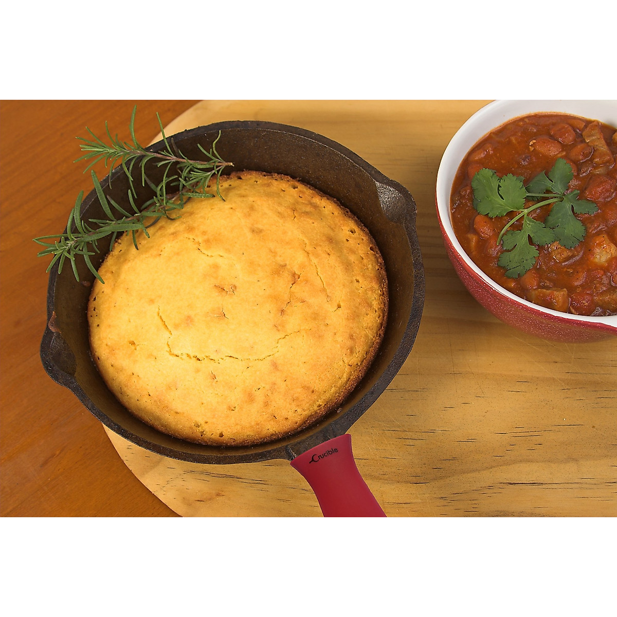 Crucible Cookware Cast Iron Skillets, Set Of 4 (Pre-seasoned) 10 Inch - 5.1 Inch, Including Large & Small Silicone Hot Handle Holders | Indoor & Outdoor Use