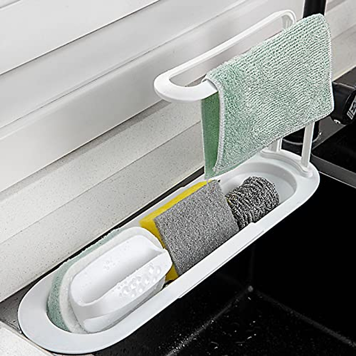 LIFOND Kitchen Sink Caddy Telescopic Sink Tidy Storage Rack Expandable Sink Caddy Organizer with Towel Bar Under Sink Organiser Adjustable Sponge Holder Brush for Kitchen Bathroom,White