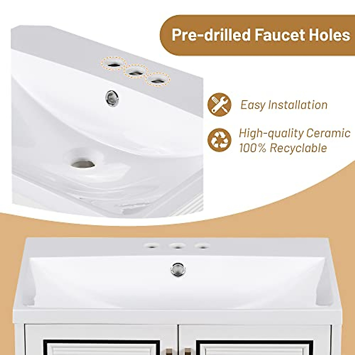 Lifeand 24" Wall Mounted Bathroom Vanity with Ceramic Basin, Two Shutter Doors, Solid Wood & MDF Board, White