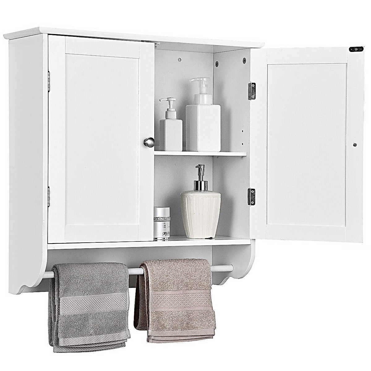 HPW Wall Mounted Bathroom Storage Cabinet Medicine Cabinet Storage Cupboard with Towel Bar Adjustable Inner Shelf Ample Storage Space for Storing Bathroom Essentials Toiletries Cosmetics Medicines