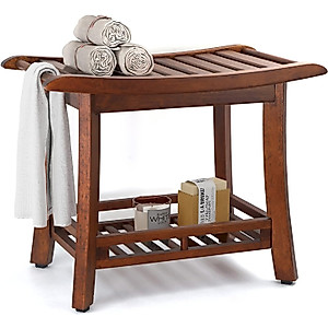 RANDEFURN 24“ Teak Shower Bench with Shelf,Teak Wood Shower Stool,Waterproof Wood Shower Chair for Elderly,2-Tier Wooden Shower Seat Spa Stool for Indoor and Outdoor Use.(24 x 13.4 x 18.3in, Brown)