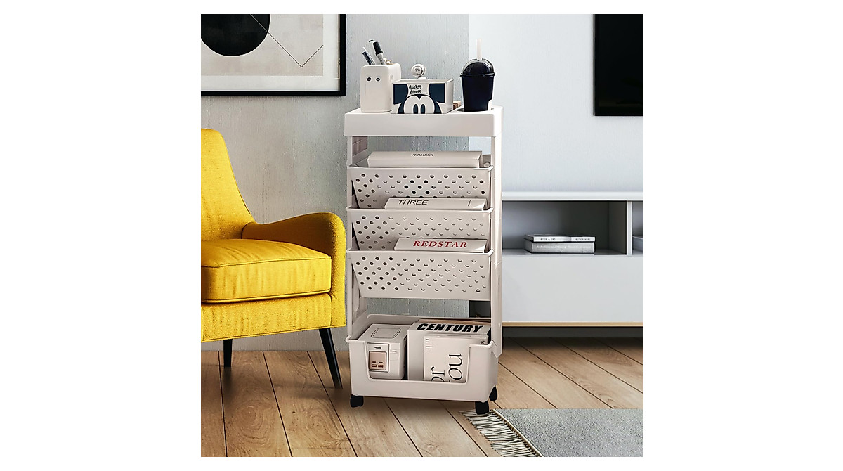 5 Tier Rolling Bookshelf - Slim Mobile Book Rack