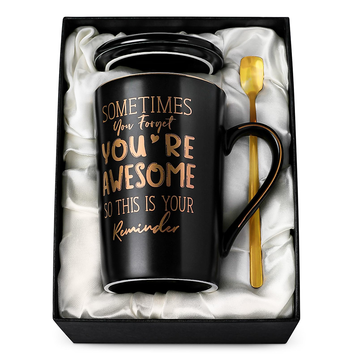 Christmas Birthday Thank You Gifts for Men, Sometimes You Forget You're Awesome - 14oz Unique Black Ceramic Inspirational Mug with Gold Print, Present for Boyfriend Husband Employee, Nice Gift Boxed