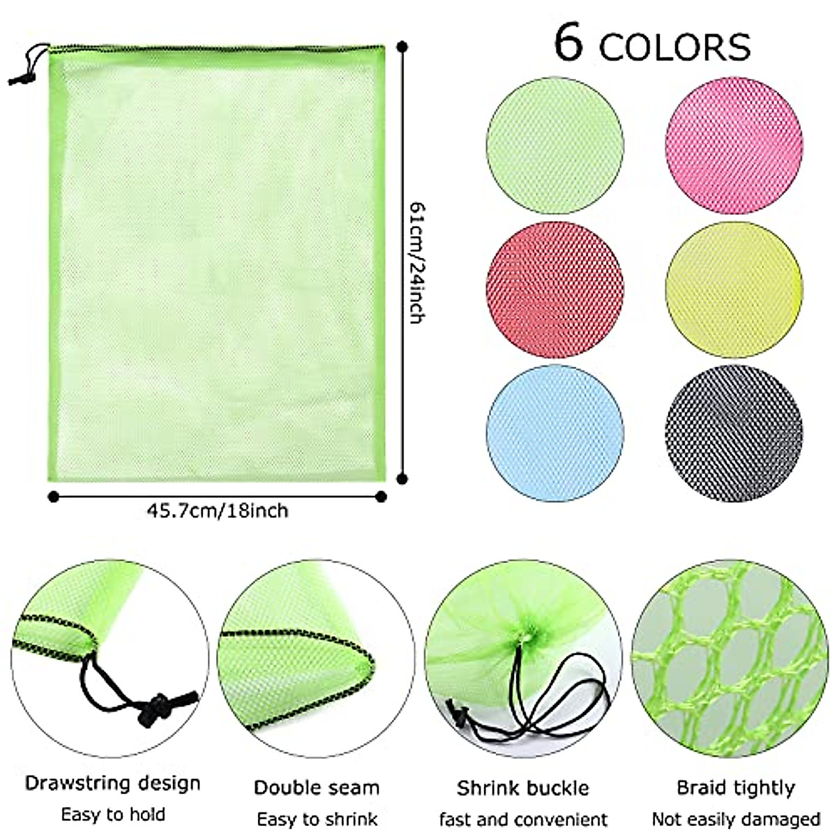 iMucci 18"X24" 6Pcs Mesh Laundry Drawstring Bag Nylon Drawstring Gym Bag with Cord Lock Closure