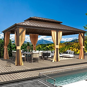 MELLCOM 12'x18' Hardtop Gazebo, Galvanized Steel Metal Double Roof Aluminum Gazebo with Curtain and Netting, Brown Permanent Pavilion Gazebo for Patio, Lawn & Garden