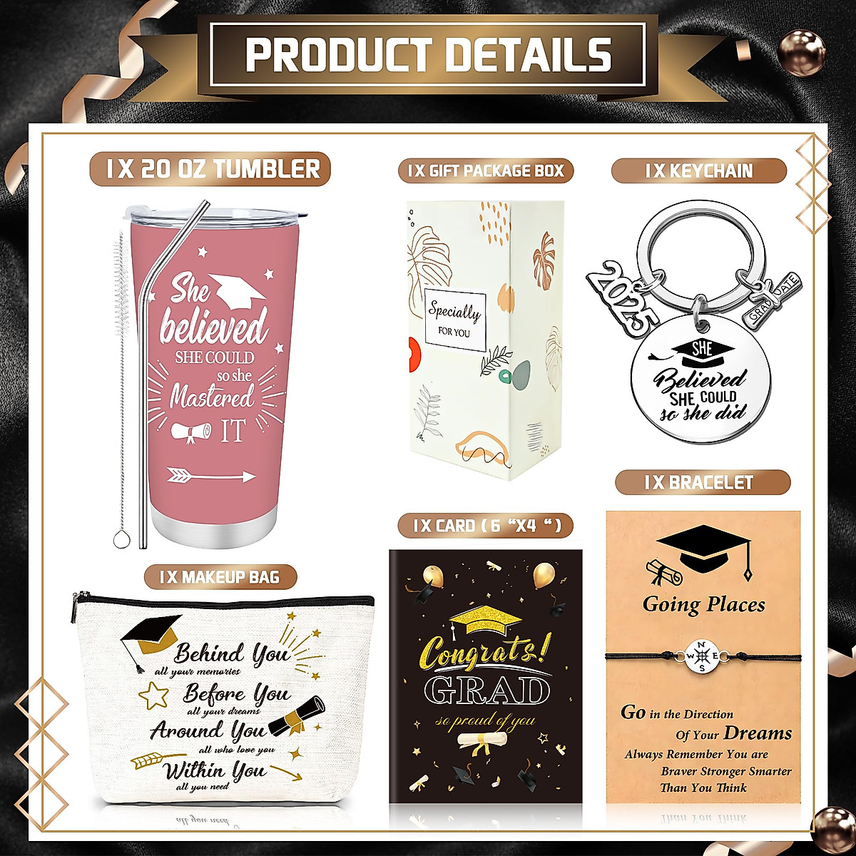 Keluna Graduation Gifts for Her - 5Pcs 2025 Congrats Grad Gifts Set, 20oz Tumbler Keychain Bracelet Makeup Bag Card, High School College Masters Degree PHD Gaduation Gift for Daughter Niece Sisters
