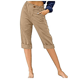 SMIDOW Amazon Coupons and Promo Codes Bell Bottom Pants for Women Women's Cotton Linen Capris Knee Length Pants Trousers Folded Hem Paper Bag Linen Pants with Pockets Cropped Pants Khaki 3XL