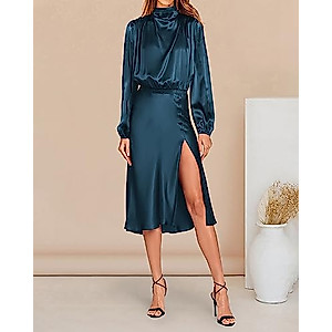 PRETTYGARDEN Women Fall Formal Mock Neck Long Sleeve Satin Dress Elastic Waist High Slit Midi Wedding Guest Dresses 2023(Solid Dark Blue,Medium)