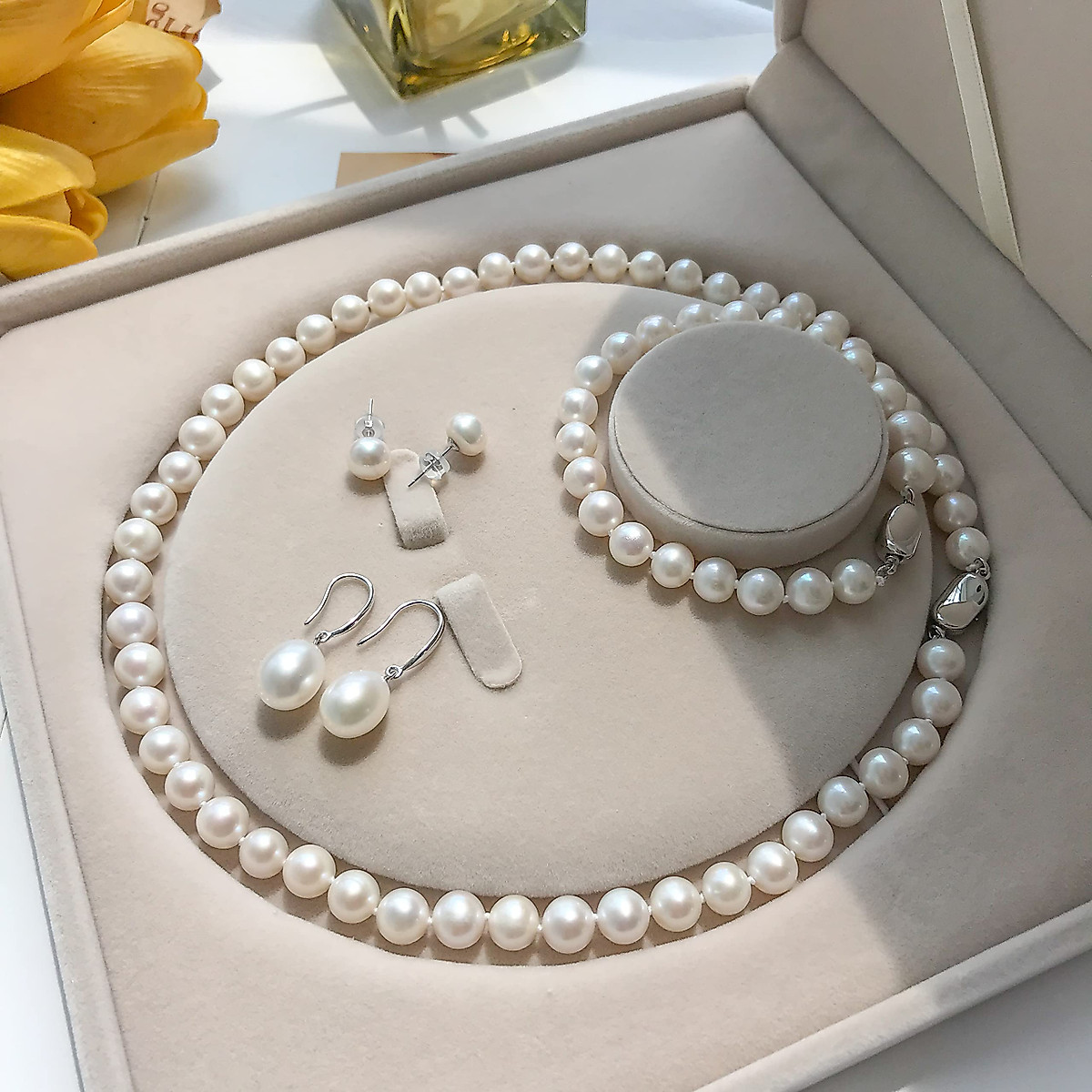 Freshwater Cultured Pearl Set Jewelry for Women Includes Pearl Bracelet, Stud Earrings and Drop Dangle Earrings High Luster AAA Quality Genuine Round White Pearl Strand Necklace Set Mother