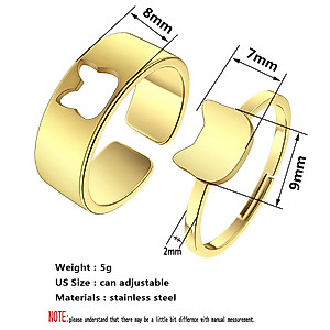 Chereda 2PCS Matching Cute Animals Promise Engagement Rings Lovers Gift for Couples Boyfriend Jewelry 316L Stainless Steel Adjustable Open Ring (Cat-g, Adjustable)