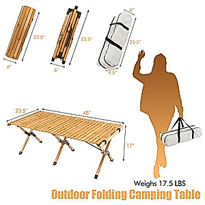 Giantex Folding Picnic Table, Wooden Roll-up Bamboo Tabletop, Portable Camping Table w/Carry Bag, Indoor Outdoor Table for Patio Garden Beach Yard, Easy Assembly (Natural)