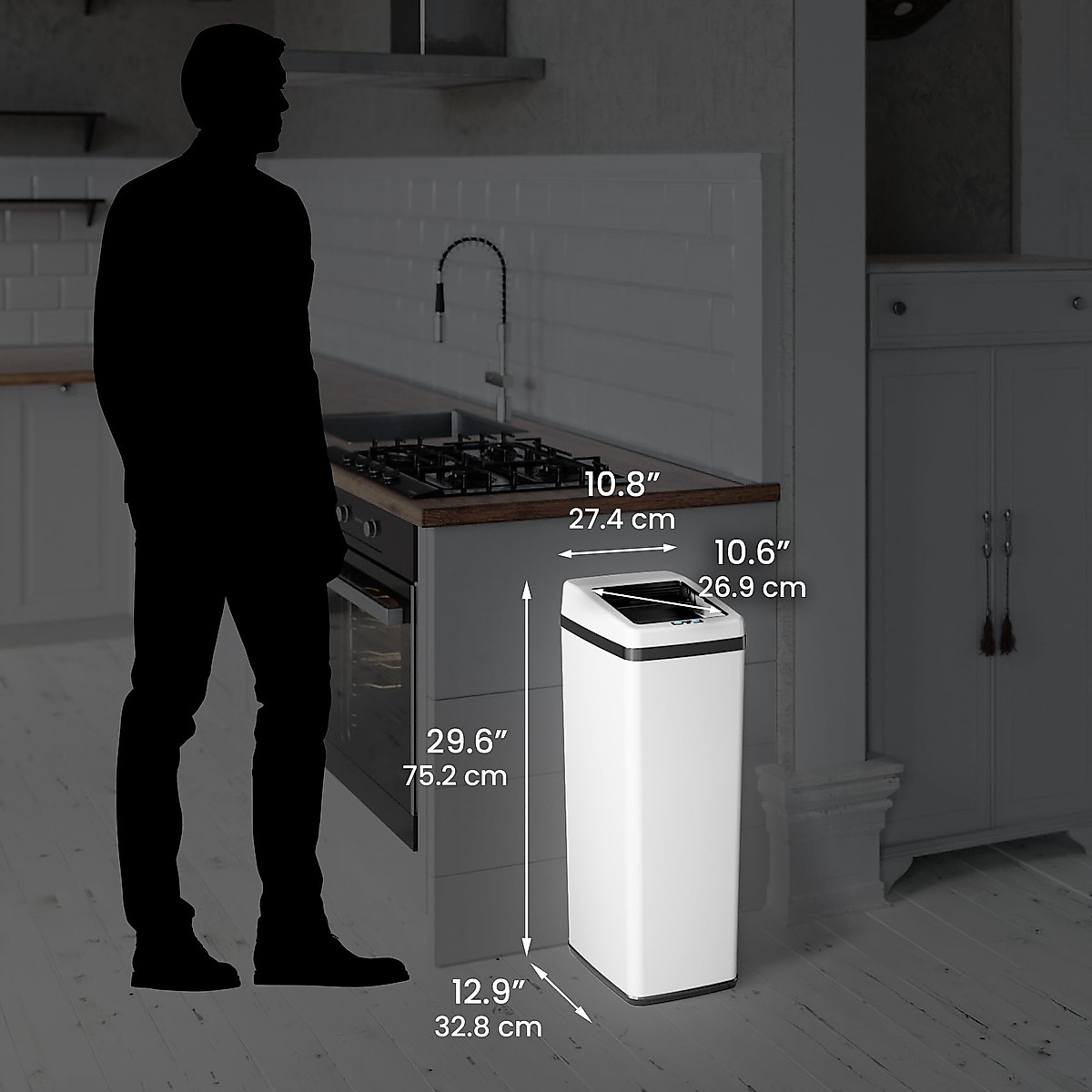 iTouchless 14 Gallon Sliding Lid Automatic Sensor Trash Can with Odor Filter System, 52 Liter White Steel Touchless Kitchen Garbage Bin