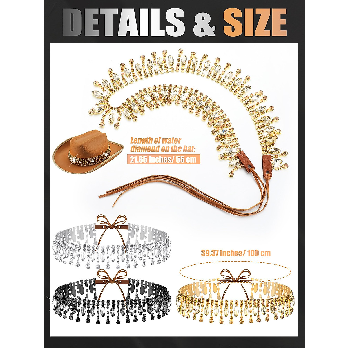 Cutecrop 3 Pcs Rhinestone Fringe Cowboy Hat Band for Men Women Adjustable Hat Belt Bling Western Style Hat Accessories