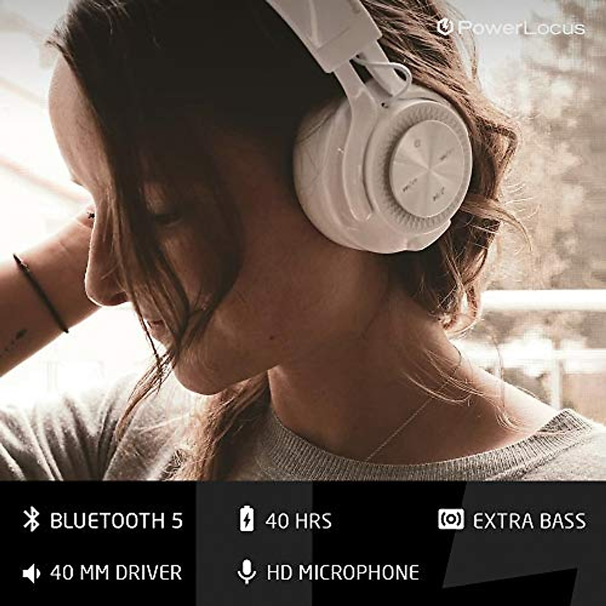 PowerLocus P3 Wireless Bluetooth Headphones Over-Ear, [40h Playtime, Bluetooth 5.0] Foldable Stereo Wireless/Wired Headphone Over Ear with Mic Deep Bass Headset for iOS/Android/Laptop/PC/TV - White