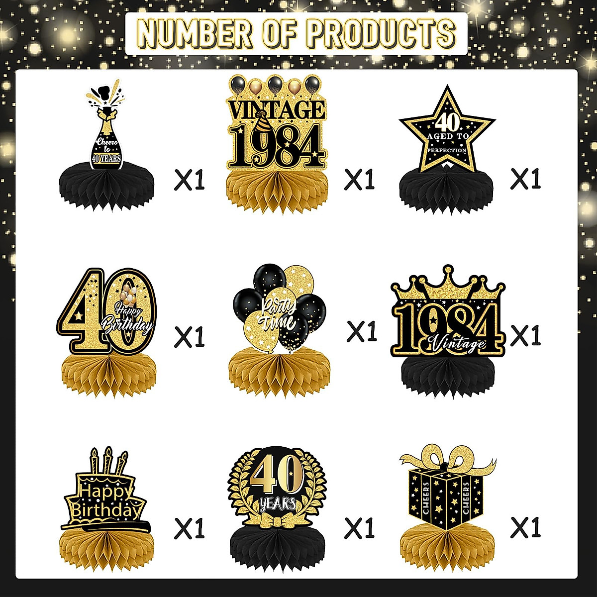 Refavor 9Pcs 40th Birthday Party Decorations - 40th Birthday Decorations for Men Women Black Gold Party Supplies Decorations Table Honeycomb Centerpieces Over the Hill Aged to Perfection Decor