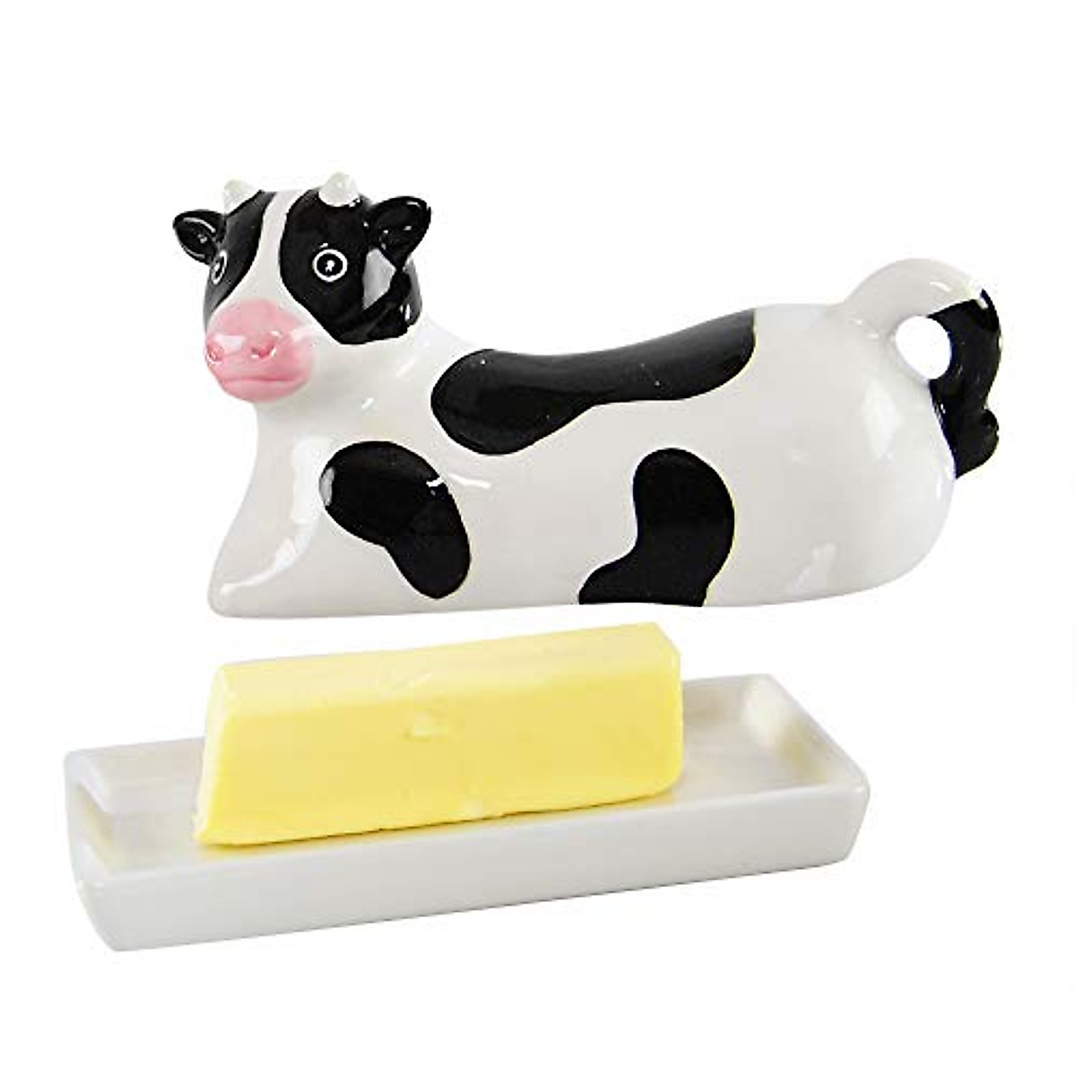 HOME-X Black and White Cow Butter Dish, Butter Dish with Cover, Farmhouse Dish for Stick of Butter Stick, Dish with Lid, 6 ¾”L x 3 ¼” W x 3 ½”H, Black/White