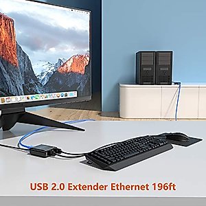 WEme USB Extender, 4-Port USB 2.0 Ethernet Extender Hub Over Cat5/ Cat5e/ Cat6 Cable Connection up to 60Meters/196FT, RJ45 Lan Extension with Power Adapter for Logitech Webcam, Camera, Speakerphone
