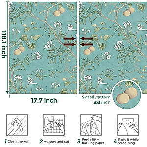 Floral Peel and Stick Wallpaper Contact Paper: Vintage Removable, Bird Stick on Wallpaper 17.7 x 118.1 inch Self Adhesive Green