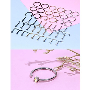 Ftovosyo 20g Nose Rings Studs Surgical Steel Nose Rings Hoop Piercing Jewelry for Women Men Set 45pcs Silver Rose Gold Black L Shaped Screw Nose Stud