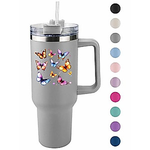 40 ounce insulated cup with handle, double-layer vacuum stainless steel material, equipped with straw, can keep warm or maintain cold drinks Colorful Butterfly grey