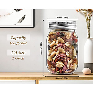 YUEKUI 6 PCS Mason Jars with 70mm Regular-Mouth Glass Canning Jars, clear glass jars with Silver Metal Lids for Jelly, Sara,Bird’s Nest, Jam, Milk Tea,wedding-gifts,as an element of interior(2pcs 4.8oz/2pcs 8oz/2pcs 16oz)