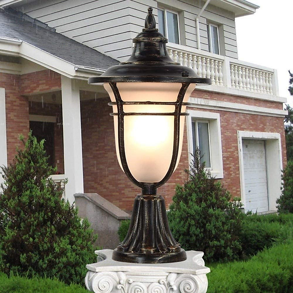 MODEBHD Glass Lantern Waterproof Column Lamp Antirust Aluminum External Patio Courtyard Retro Post Pillar Light Outside Fence Deck Table Light European Vintage Outdoor Garden Column Lamp Pillar Lamp