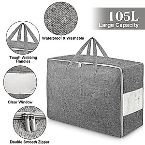 2Pack 105L Extra Large Storage Bags, Folding Moving Comforter Blanket Storage Bags Closet Organizers and Storage Containers for Clothes with Strong Handles&Zippers Clear Window for Bedding Pillow Grey