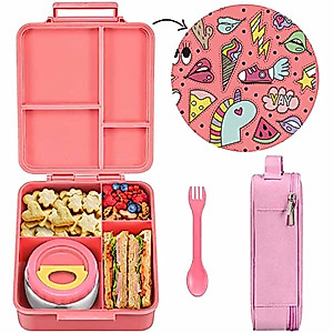 MAISON HUIS Bento Lunch Box for Kids With 8oz Soup Thermos, Leakproof Lunch Compartment Containers with 4 Compartment Bento Box, Thermos Food Jar and Lunch Bag, BPA Free,Travel, School(Vogue Patches)