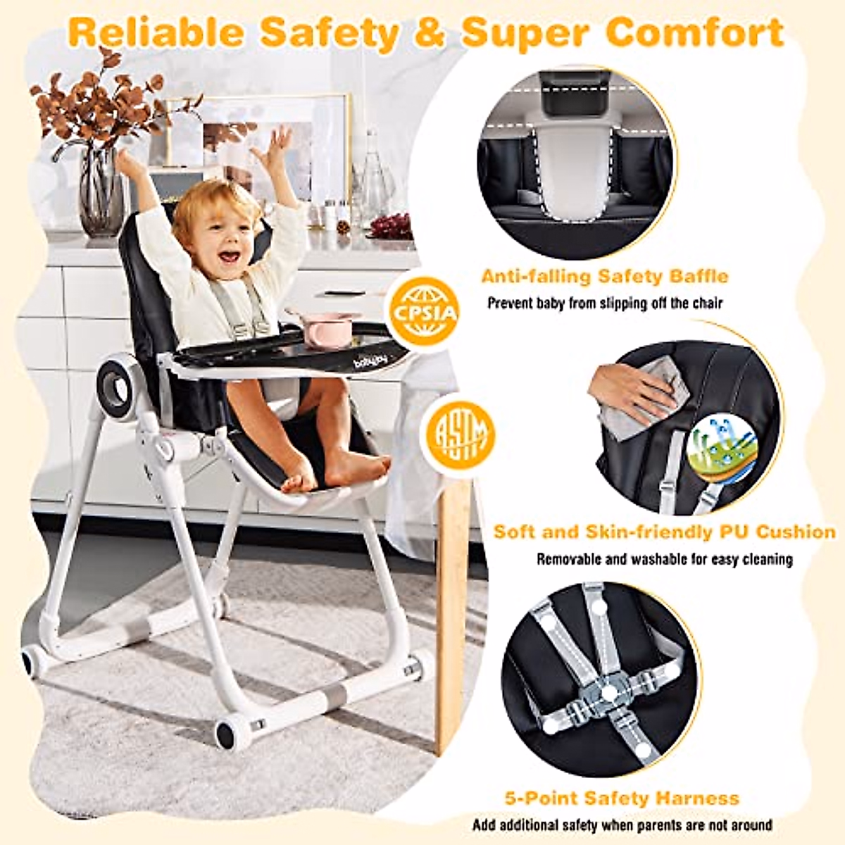 BABY JOY High Chair for Babies & Toddlers, Foldable Highchair with Adjustable Backrest/Footrest/Seat Height, Double Removable Trays, Detachable Seat Cushion, 4 Lockable Wheels (Black)