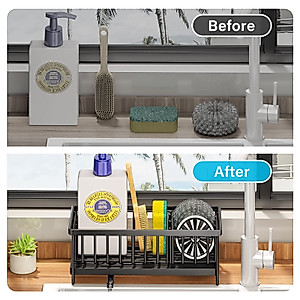 Sponge Holder for Kitchen Sink, Kitchen Sink Caddy, 304 Stainless Steel Dish Sponge Organizer with Divider, Soap Dispenser Brush Holder Storage