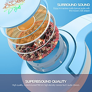 SIMGAL Blue Gaming Headset with Removable Cat Ears, Compatible with PC PS4 PS5 Xbox One(Adapter Not Included) Mobile Phones, with Surround Sound, RGB Backlight & Retractable Microphone