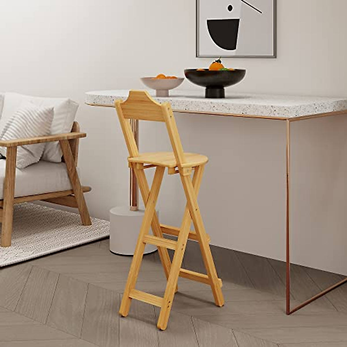 ORRD Bar Stool, Modern Folding Bamboo Counter Height Chair with Backrest and Footrestwith for Home Bar Kitchen Breakfast Island, No Assembly