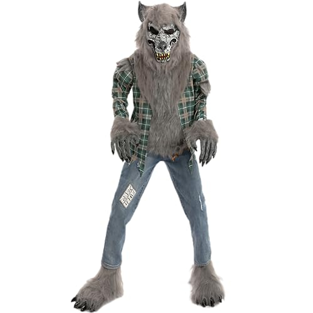 Spooktacular Creations Child Unisex Green Werewolf Costume, Halloween Werewolf Costume with Mask, Gloves and Shoes Cover-M(8-10yr)