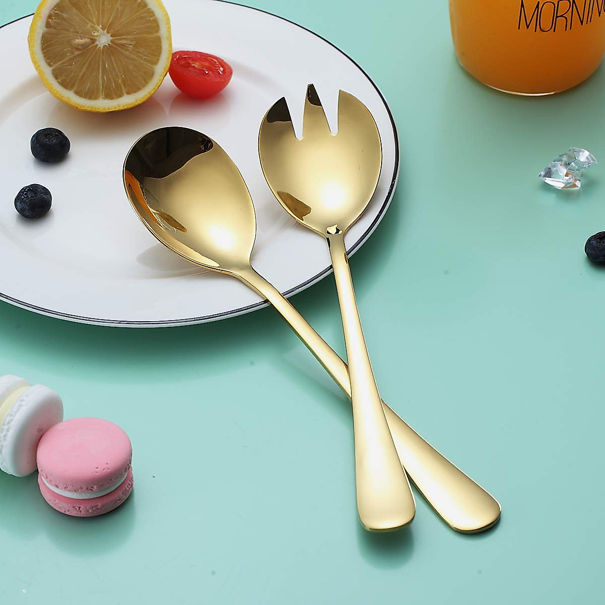 Berglander Gold Salad Server Set, Stainless Steel Salad Serving Set with Titanium Gold Plating, Salad Servers, Salad Spoon, Salad Fork, Pack of 2 (Shiny Gold)