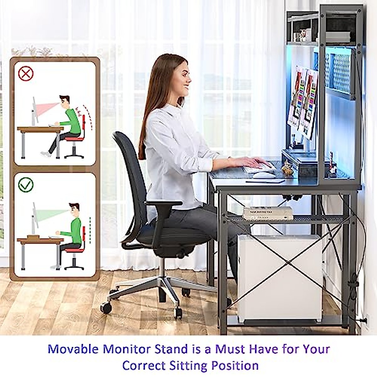 armocity 2024 Upgrade Gaming Desk with Hutch, 55.2'' Magic Computer Desk with LED and Outlets, Reversible Workstation Desk with Pegboard, Grey/Black
