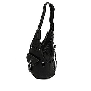 Womens Leather Convertible 7 Pocket Medium Size Tear Drop Sling Backpack Purse Shoulder Bag, Black