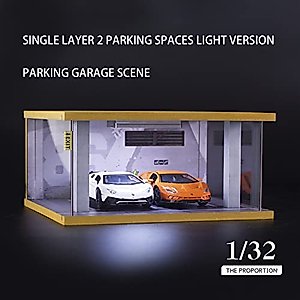 SIKIVOT 1：32 Car Display Case，Diecast Garage Scene Display， Scale Garage Display Case，2 Parking Space with LED Light and Acrylic Cover (7332Number 86)