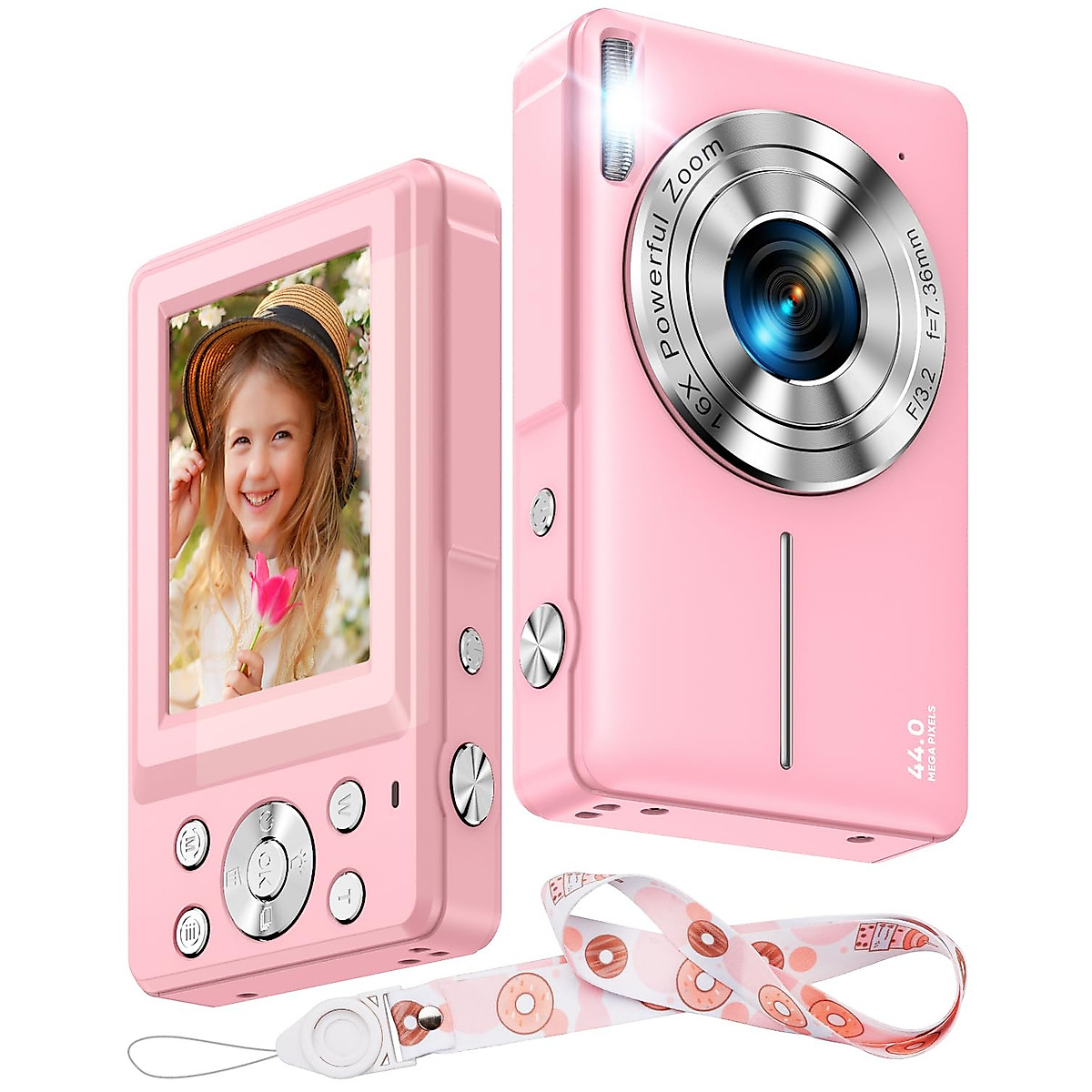 1080P Kids Digital Camera with Lanyard (No SD Card), 44MP Digital Point and Shoot Camera with 16X Zoom, Anti-Shake, Vlogging Camera for Students