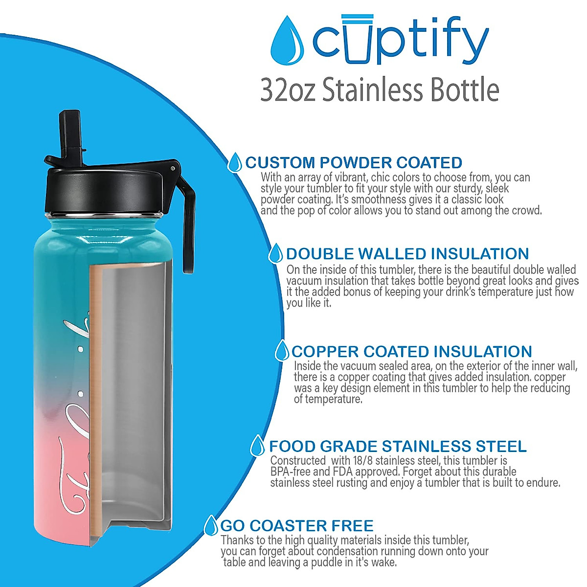 Personalized Water Bottle with Straw Lid on Cotton Candy Ombre for Gym Engraved Custom Women Name 32 oz Modern Insulated Stainless